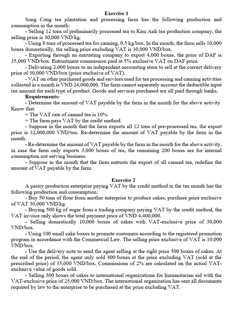 VAT Calculation for Tea and Food Enterprises | PDF | Value Added Tax ...