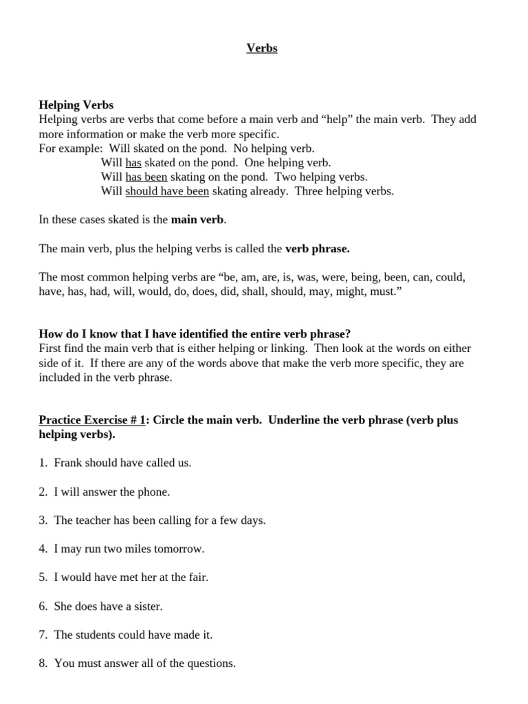 Main and Helping Verbs Worksheet | PDF
