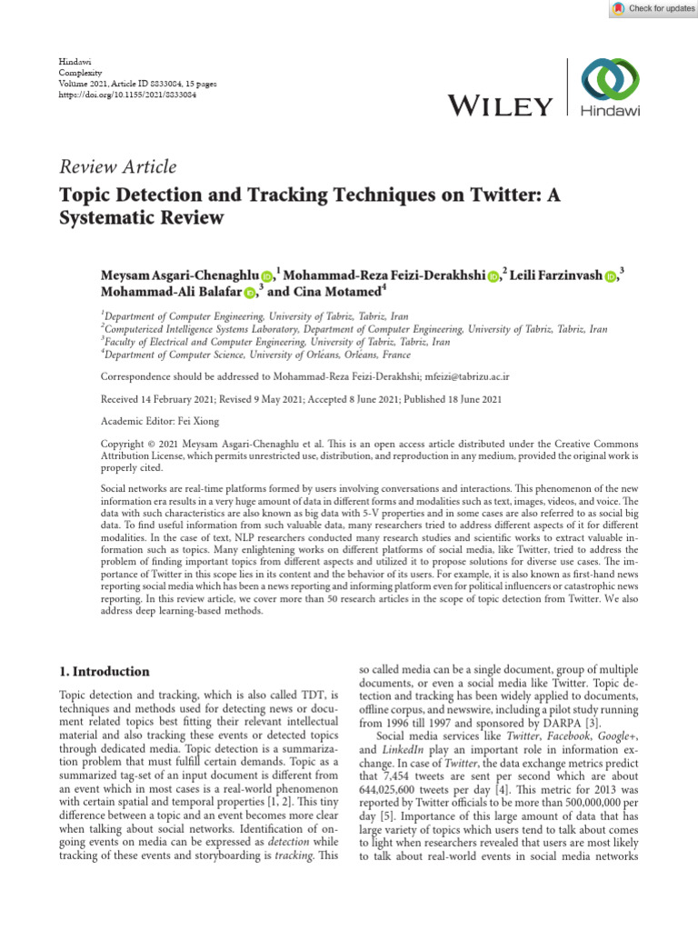 Complexity - 2021 - Asgari-Chenaghlu - Topic Detection and Tracking ...