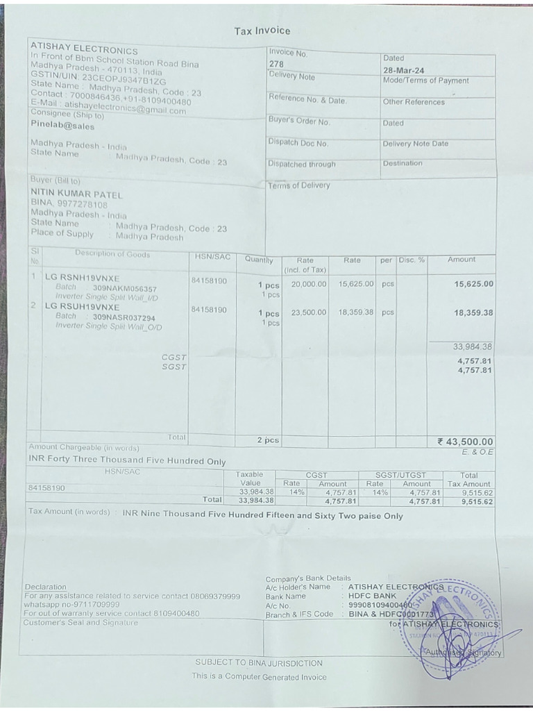 LG AC Bill | PDF