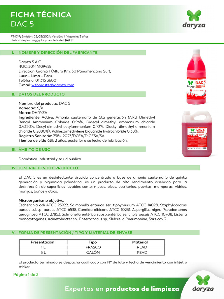 Ficha Técnica Desinfectante DAC 5 Daryza | PDF