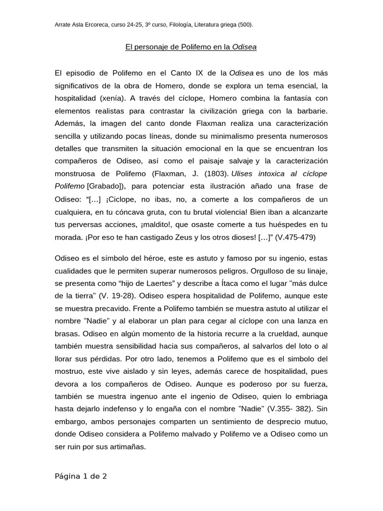 Polifemo y la hospitalidad en la Odisea | PDF | Odiseo | Odisea