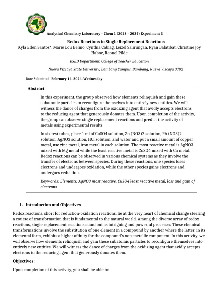 Redox Reactions in Chemistry Lab Experiment | PDF | Redox | Chemical ...