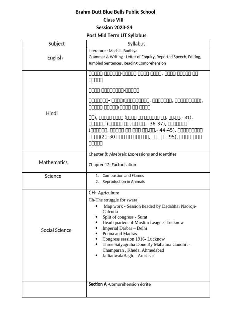Class VIII Post Mid Term Syllabus | PDF