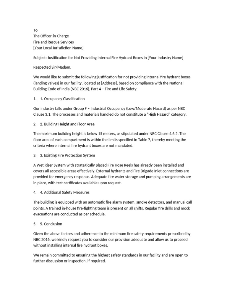 Justification Letter Internal Hydrant Exemption | PDF