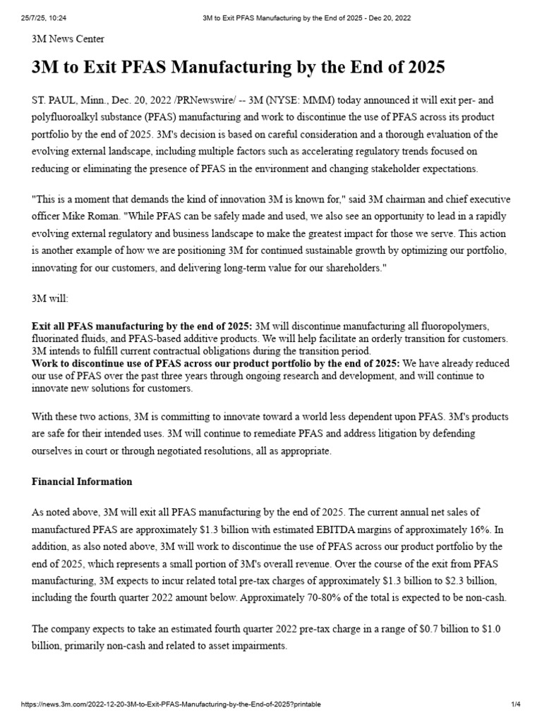 3M to Exit PFAS Manufacturing by the End of 2025 - Dec 20, 2022 | PDF | Risk | Chapter 11