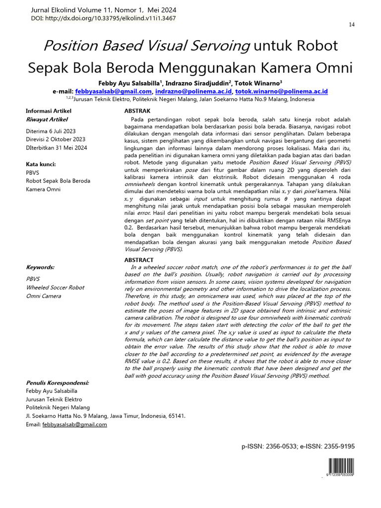 Position Based Visual Servoing Untuk Robot Sepak B | PDF
