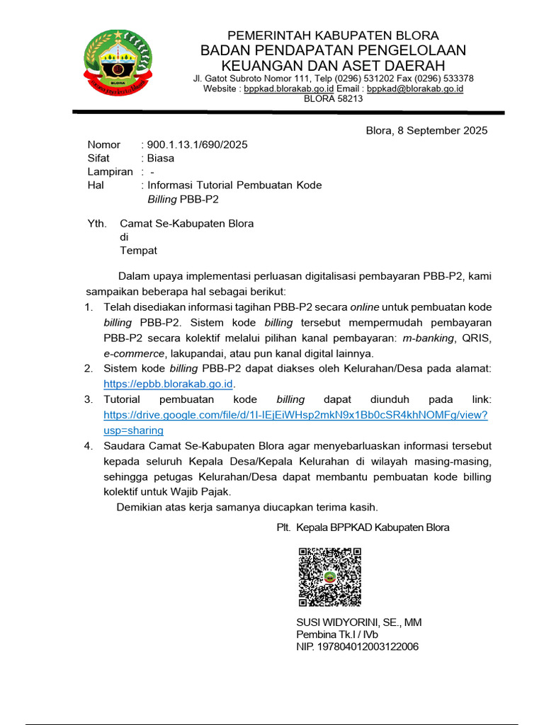 Tutorial Kode Billing PBB-P2 Blora | PDF