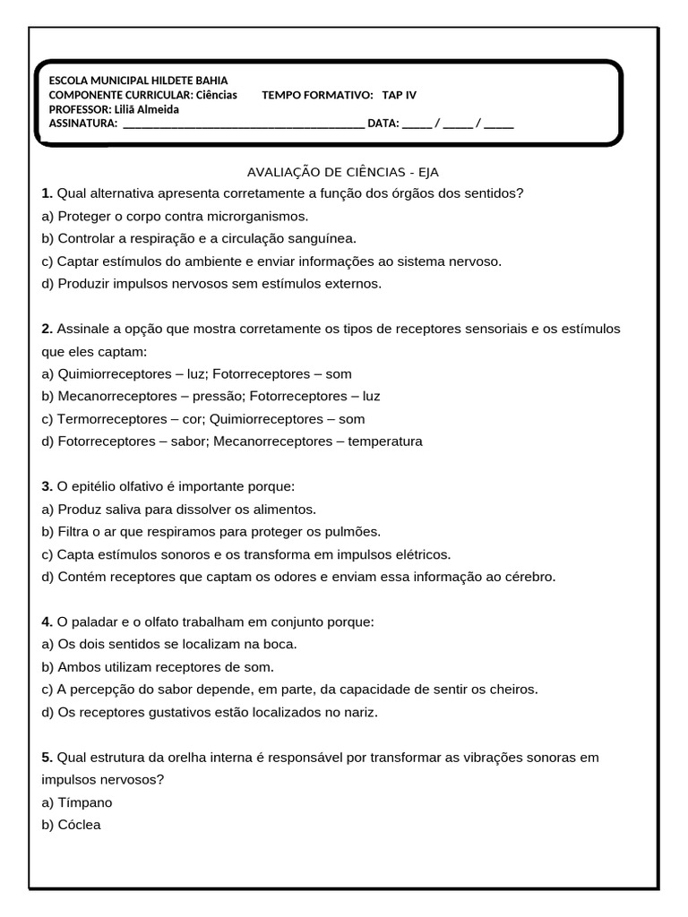 Atividade de Ciências - TAP 4 | PDF | Estímulo (Fisiologia) | Sistema nervoso