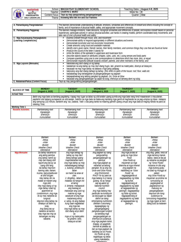 Kinder DLL.week 8.Matatag Curriculum 1 | PDF
