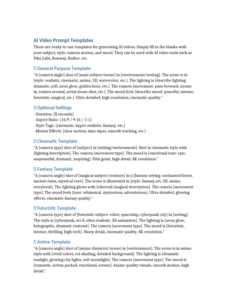 AI Video Prompt Templates Guide | PDF