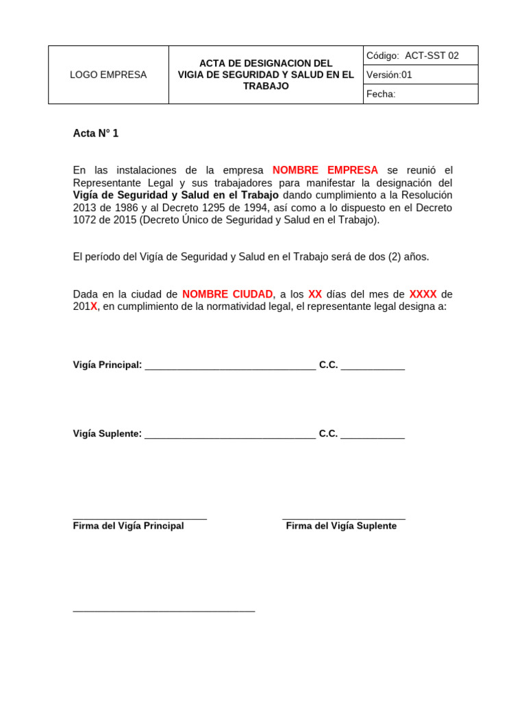 ACT-SST 02 Acta Designacion Del Vigia | PDF