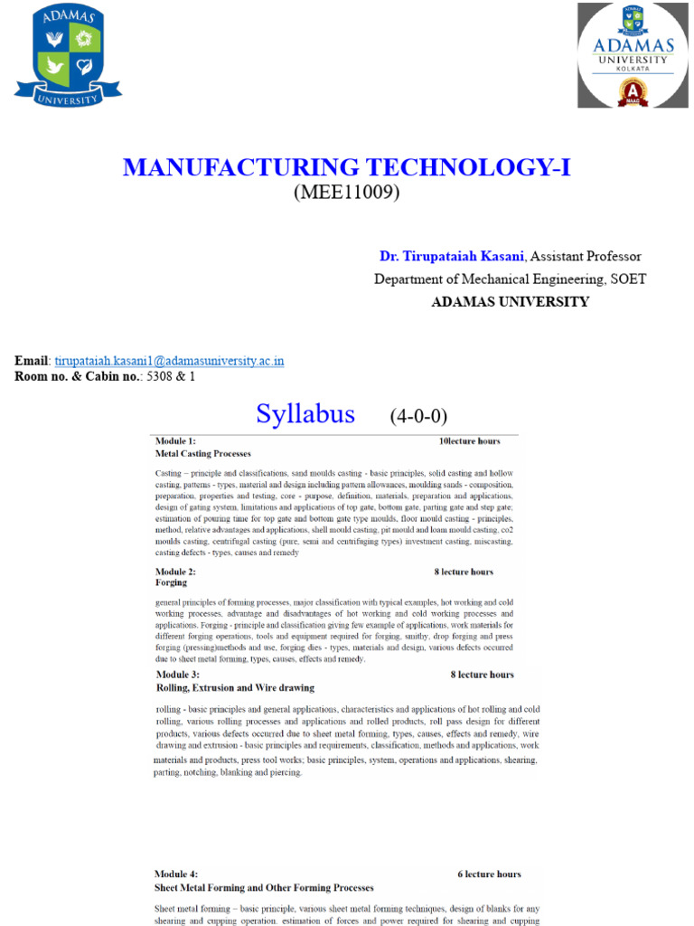 Manufacturing Technology I Module 1 | PDF
