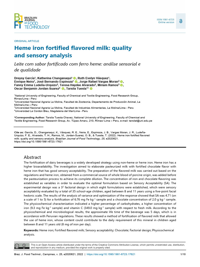 Heme Iron Fortified Chocolate Milk Analysis | PDF | Milk | Iron