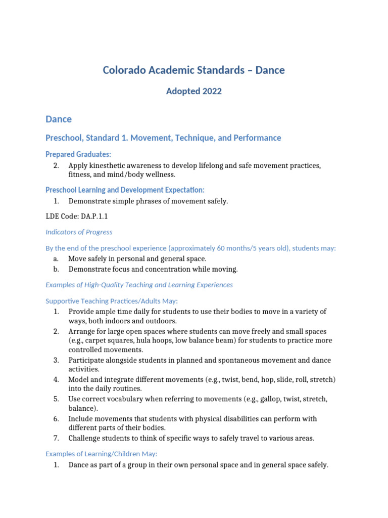Colorado Academic Standards - Dance - Simplified Word (Adopted 2022 ...