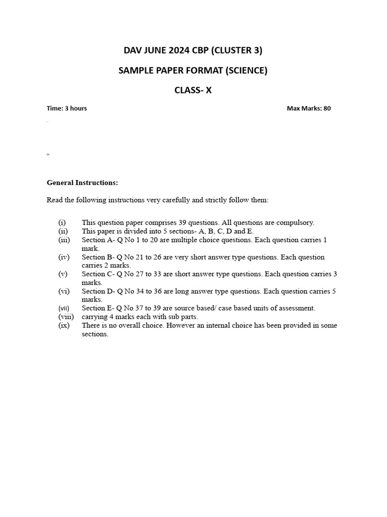 Class X Science Sample Paper June 2024 | PDF | Redox | Chemical Reactions