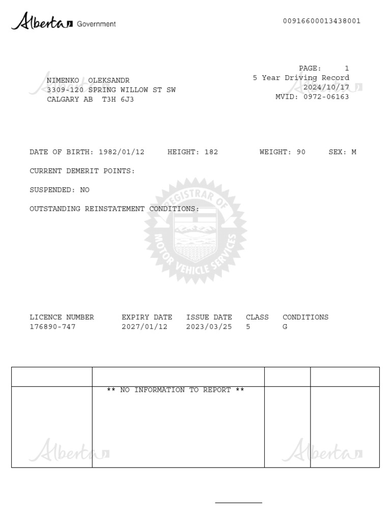 Government of Alberta: Summary of Driving Record | PDF | Driver's ...