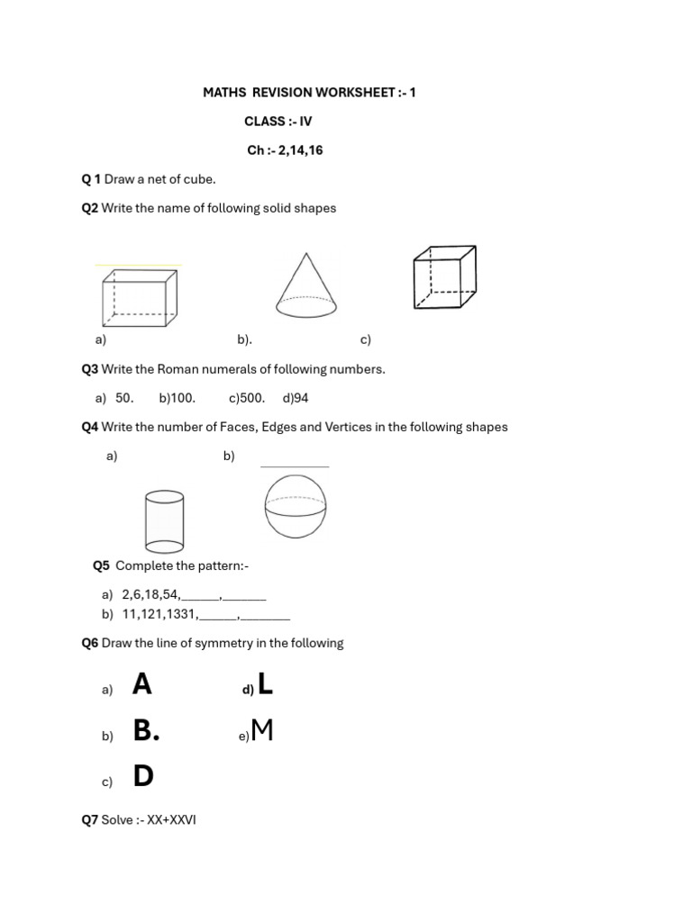 Class IV Maths Revision Worksheet | PDF