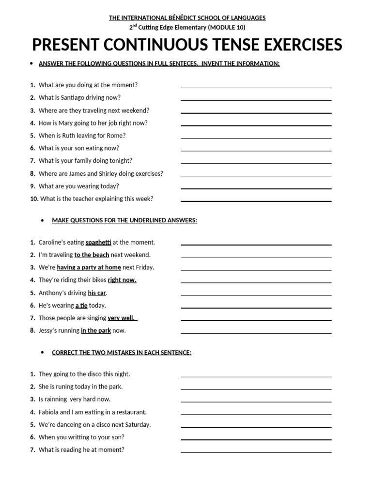 Class Work No. 1 - Exercises About Present Continuous Tense | PDF
