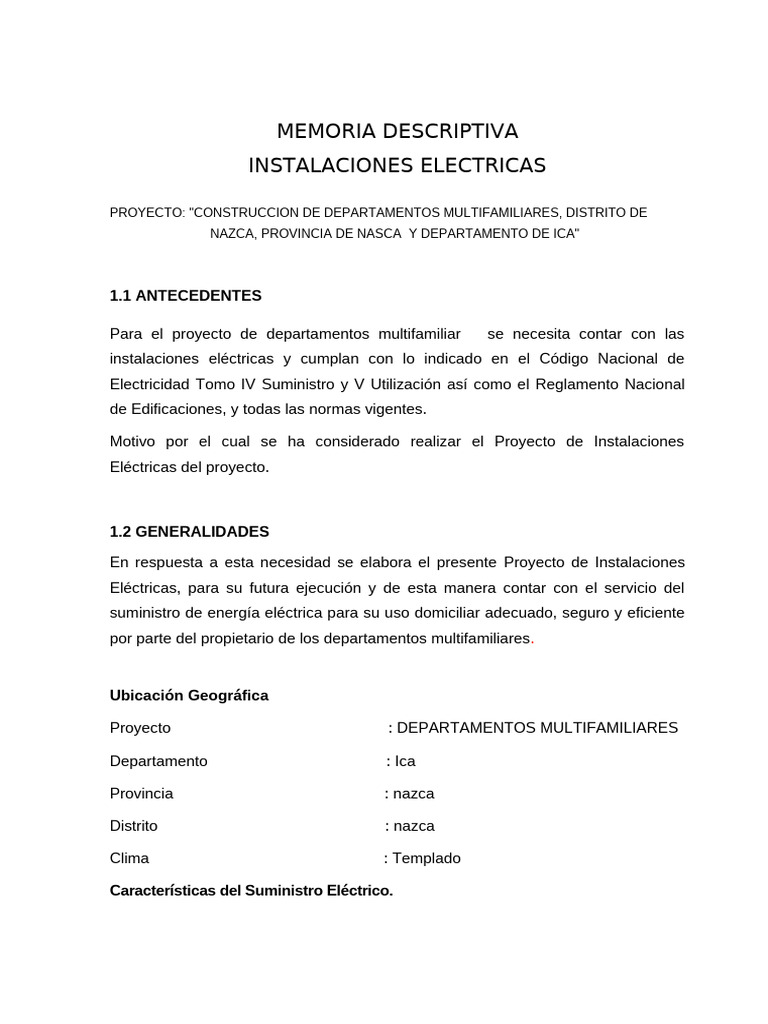 Memoria Descriptiva de Instalaciones Electricas | PDF | Aislador (Electricidad) | Cableado eléctrico
