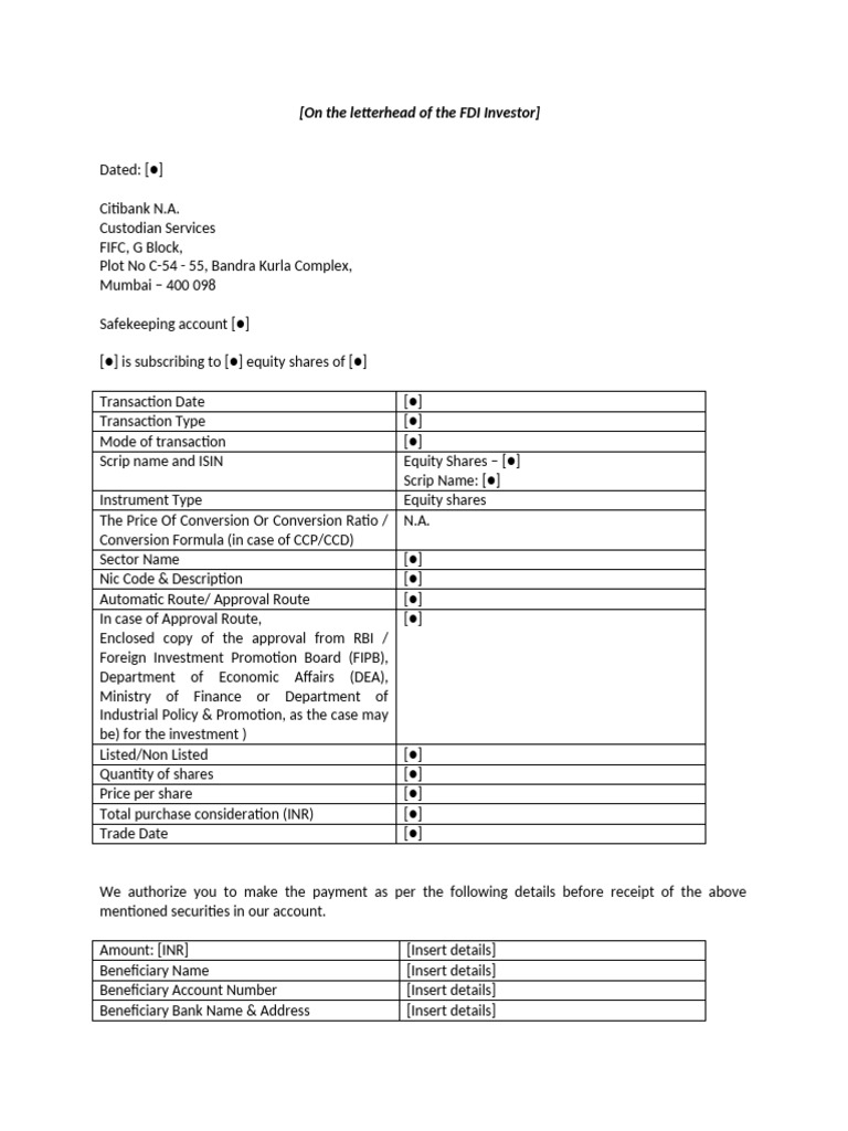 FDI Declaration - Citibank | PDF | Foreign Direct Investment | Investing
