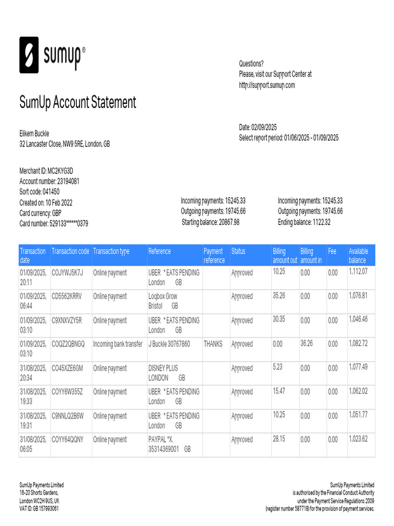 SumUp Account Statement Overview | PDF | Pay Pal | Payments