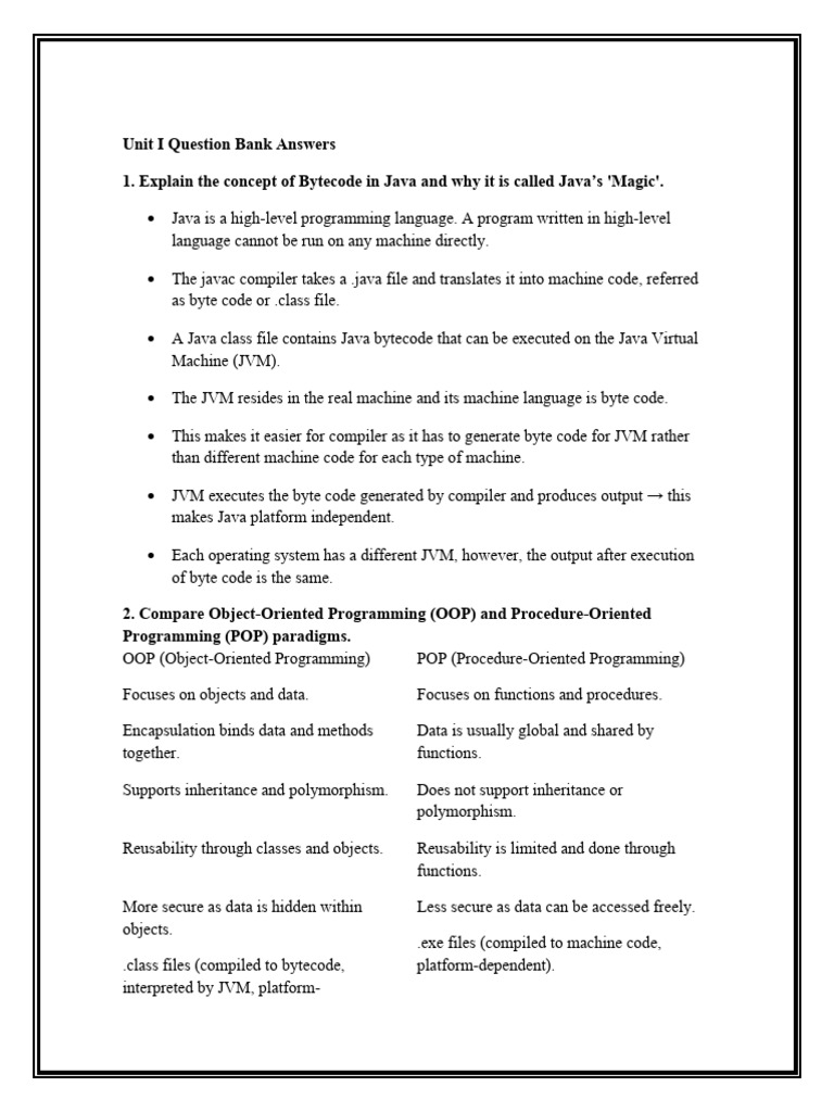 Unit1 Question Bank Answers | PDF | Object Oriented Programming | Class (Computer Programming)