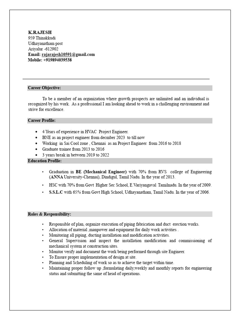 HVAC Project Engineer Resume | PDF | Duct (Flow) | Air Conditioning