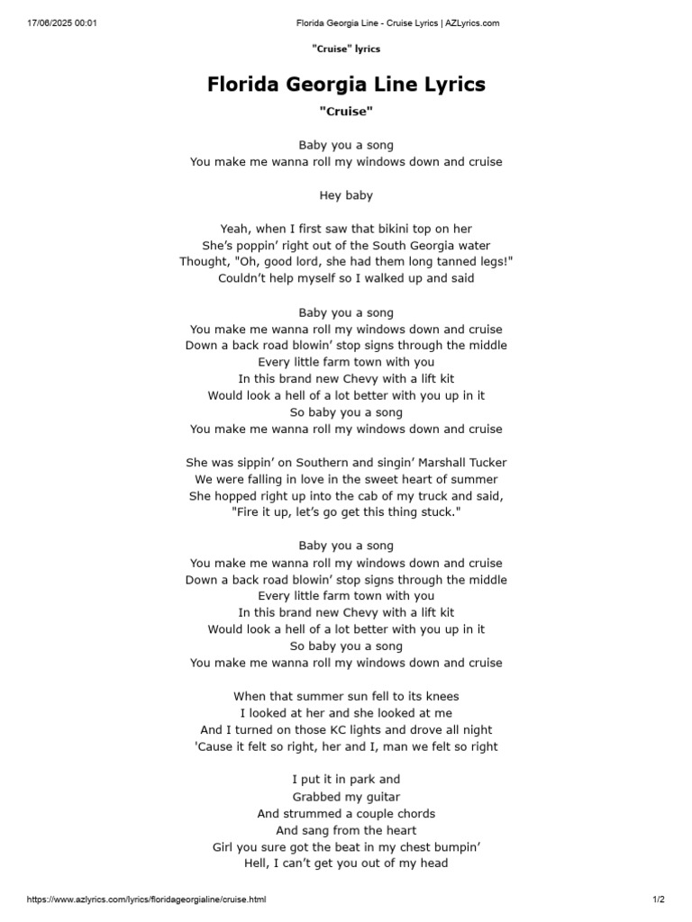 Florida Georgia Line - Cruise Lyrics | PDF | Country Music | Sound ...