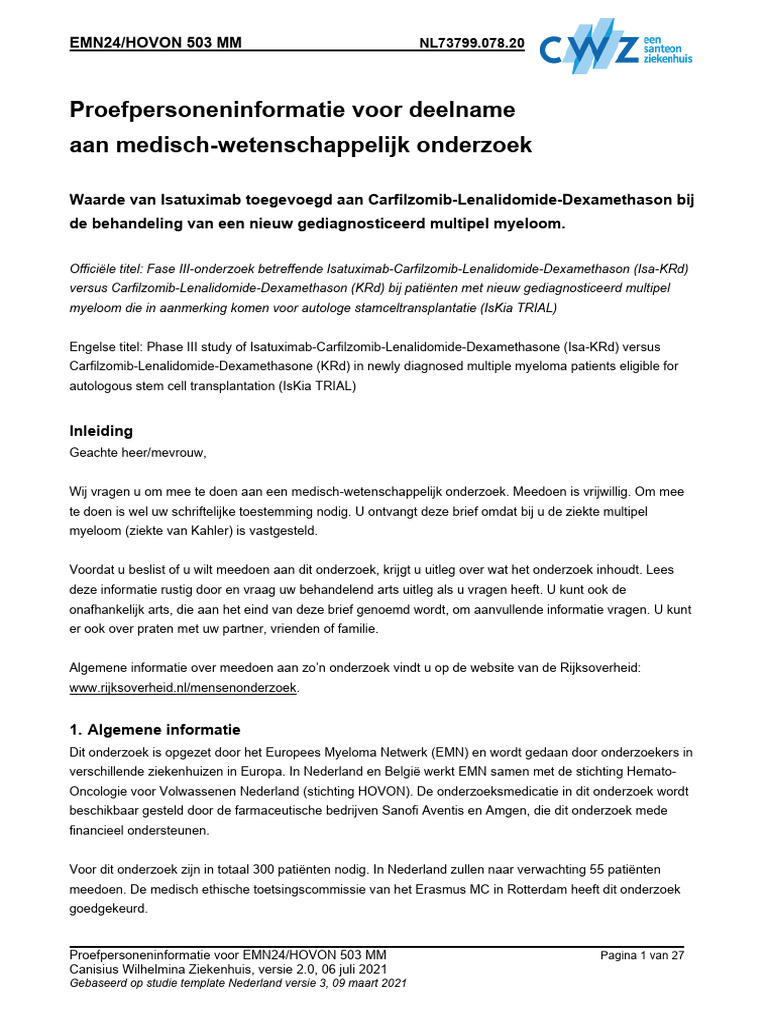 HO503 EMN024 PIF Studie HOVON v3 09-03-2021 - CWZ v2.0 06-07-2021 | PDF