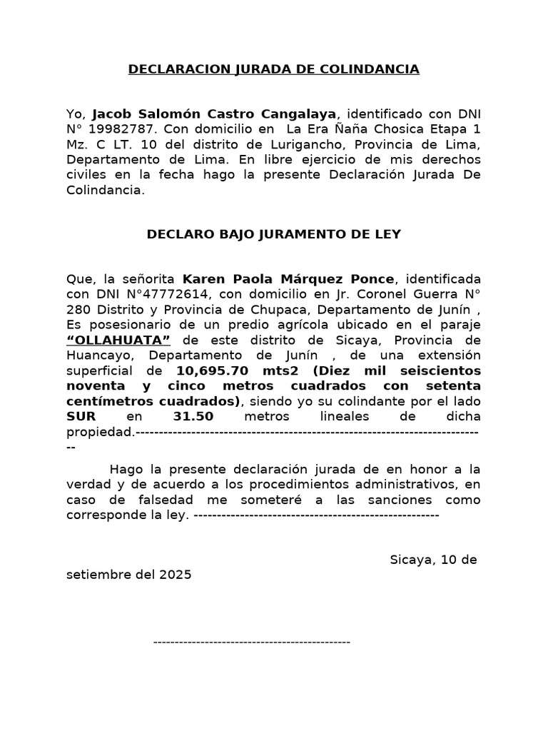 Declaración Jurada de Colindancia 2025 | PDF