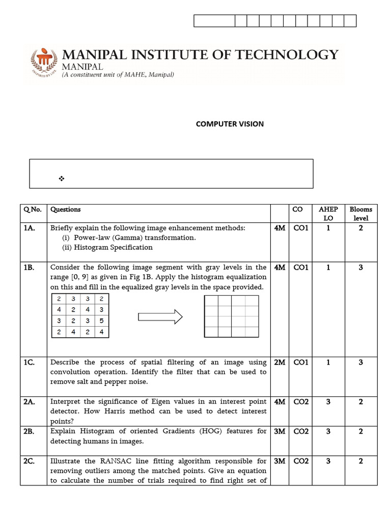 Foundations of Computer Vision Exam | PDF | Matrix (Mathematics) | 2 D ...
