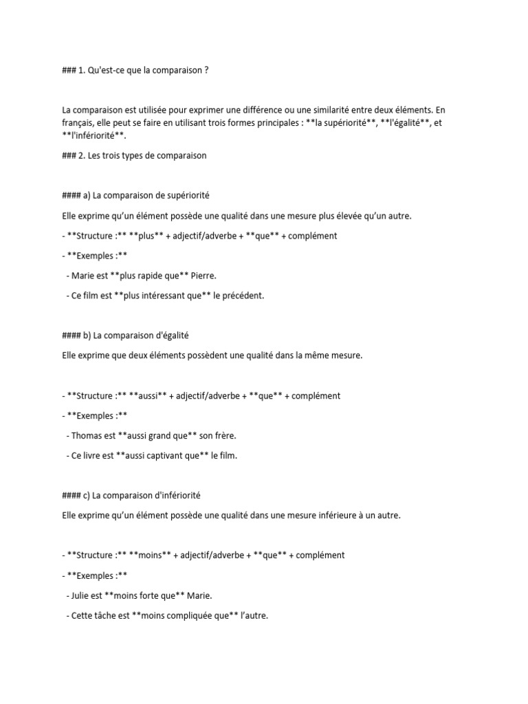 Types et Formes de Comparaison en Français | PDF | Phrase | Sujet ...
