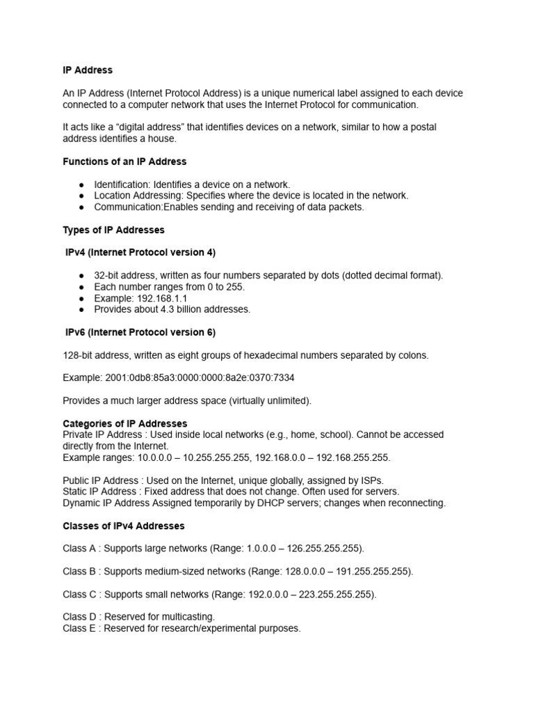 Understanding IP Addresses: Types & Functions | PDF