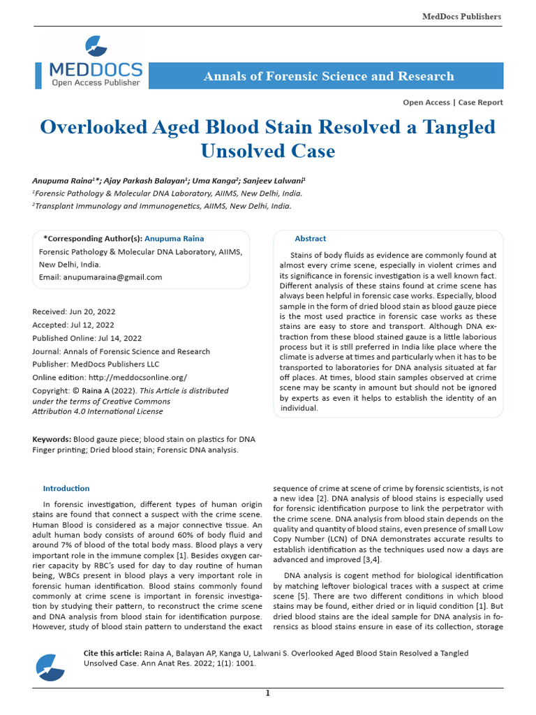 Overlooked Aged Blood Stain Resolved A Tangled Unsolved Case | PDF ...