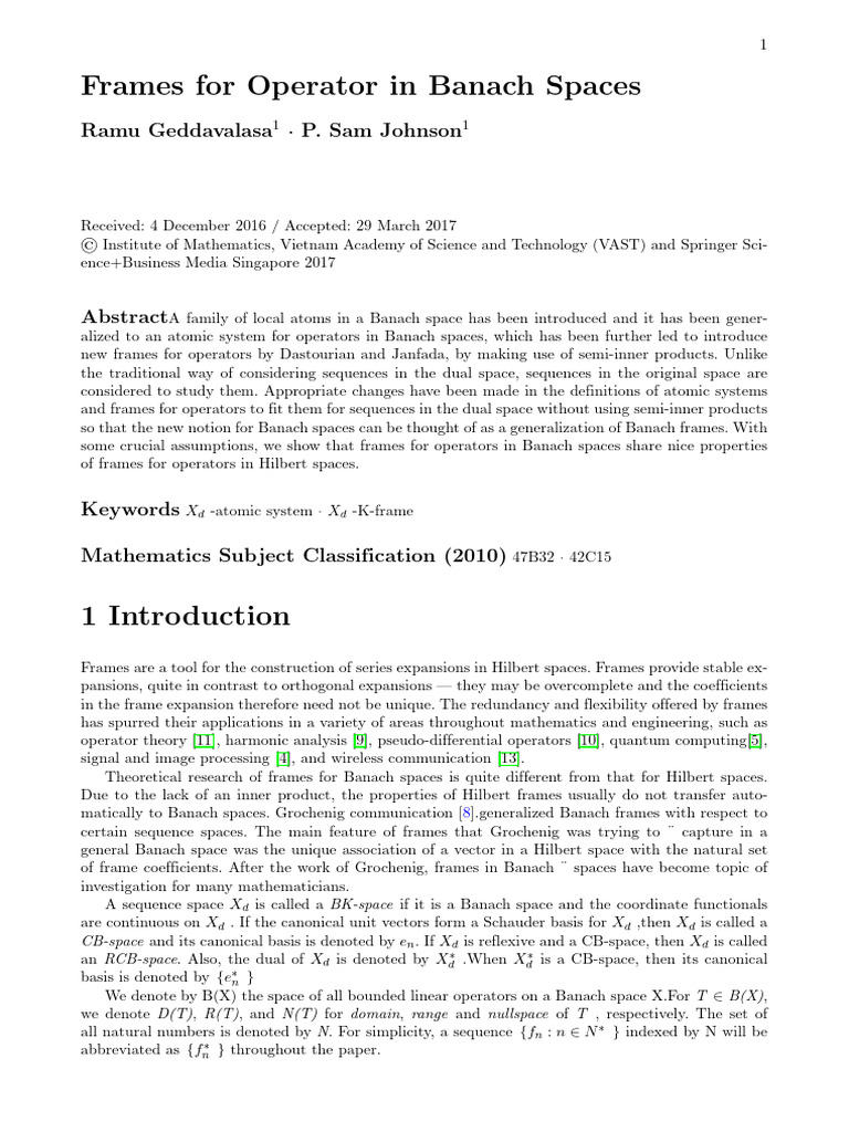 Frames for Operators in Banach Spaces | PDF | Basis (Linear Algebra ...