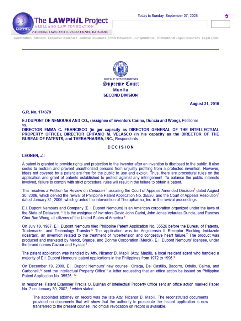 E.I. Dupont Patent Revival Case Summary | PDF | Intervention (Law) | Patent