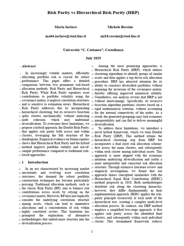 Double Risk Parity in Portfolio Allocation | PDF | Cluster Analysis ...