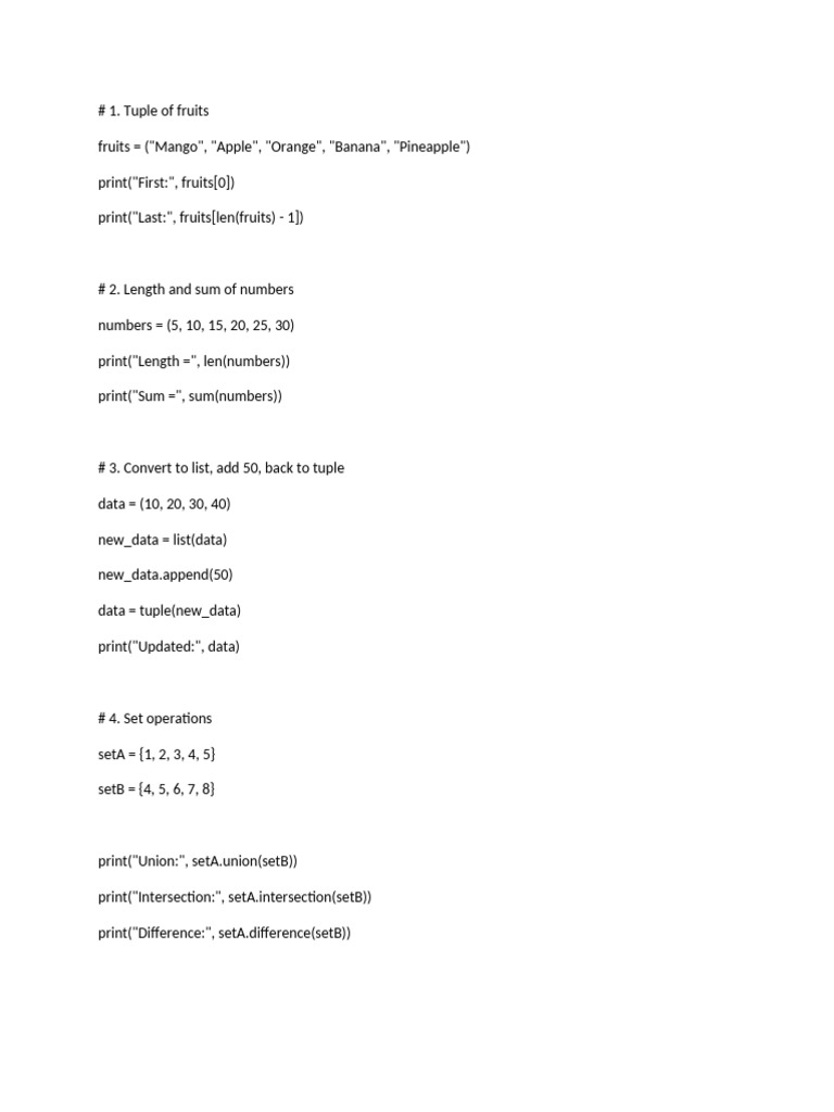 Operations With Tuples and Sets in Python | PDF