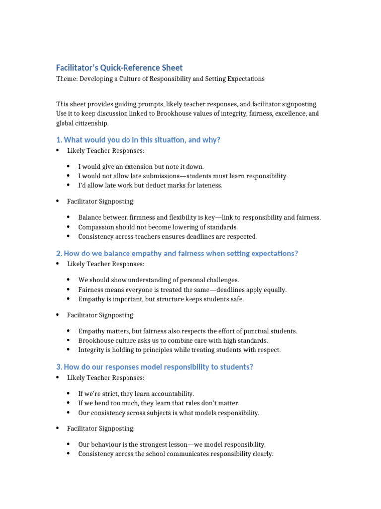 Facilitator Quick Reference Sheet | PDF