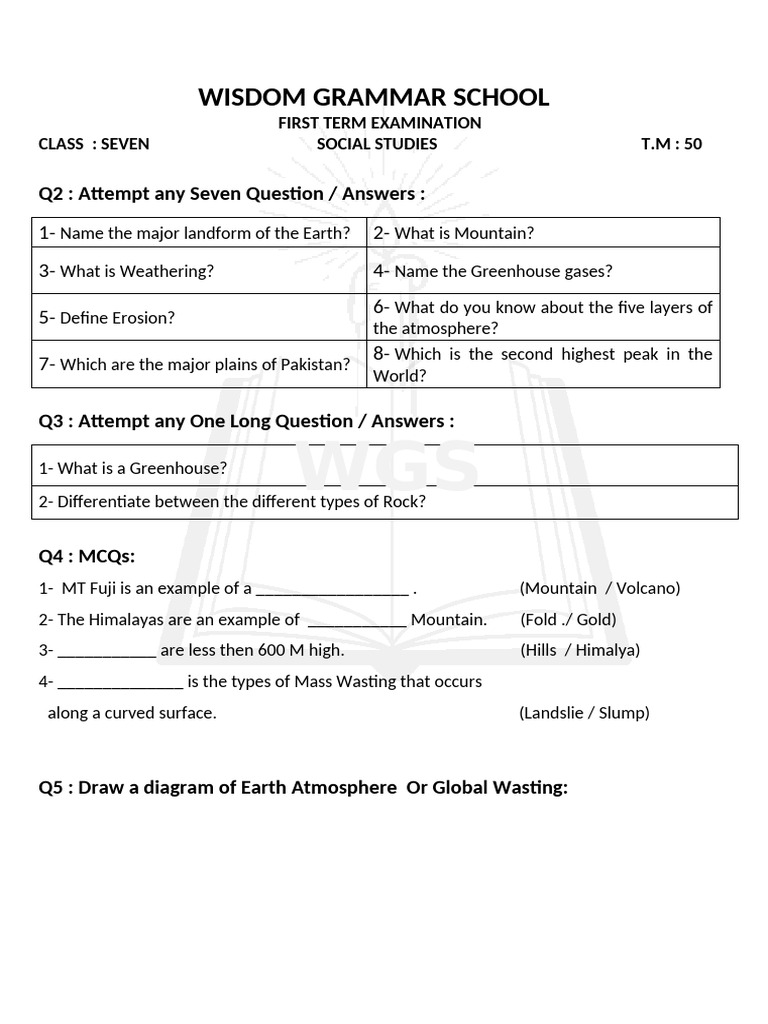 Wisdom Grammar Schgool SST Paper Class 7 | PDF