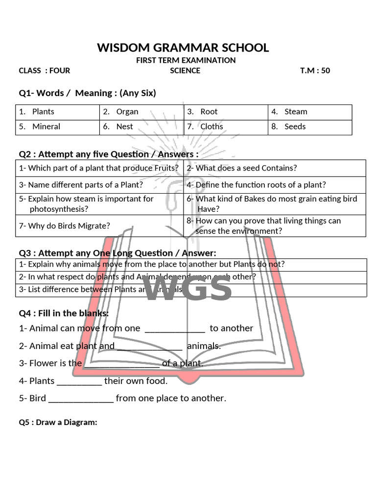 Wisdom Grammar Schgool Science Paper Class 4 | PDF