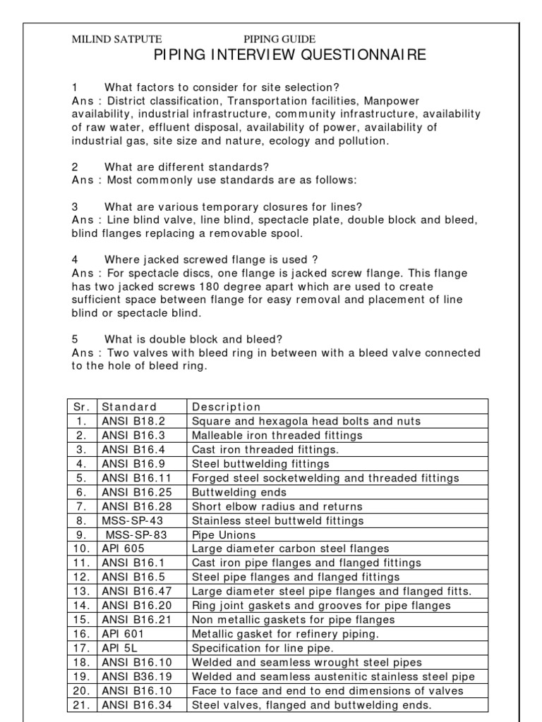 4) Piping Interview Questionnaire | PDF | Pipe (Fluid Conveyance) | Valve