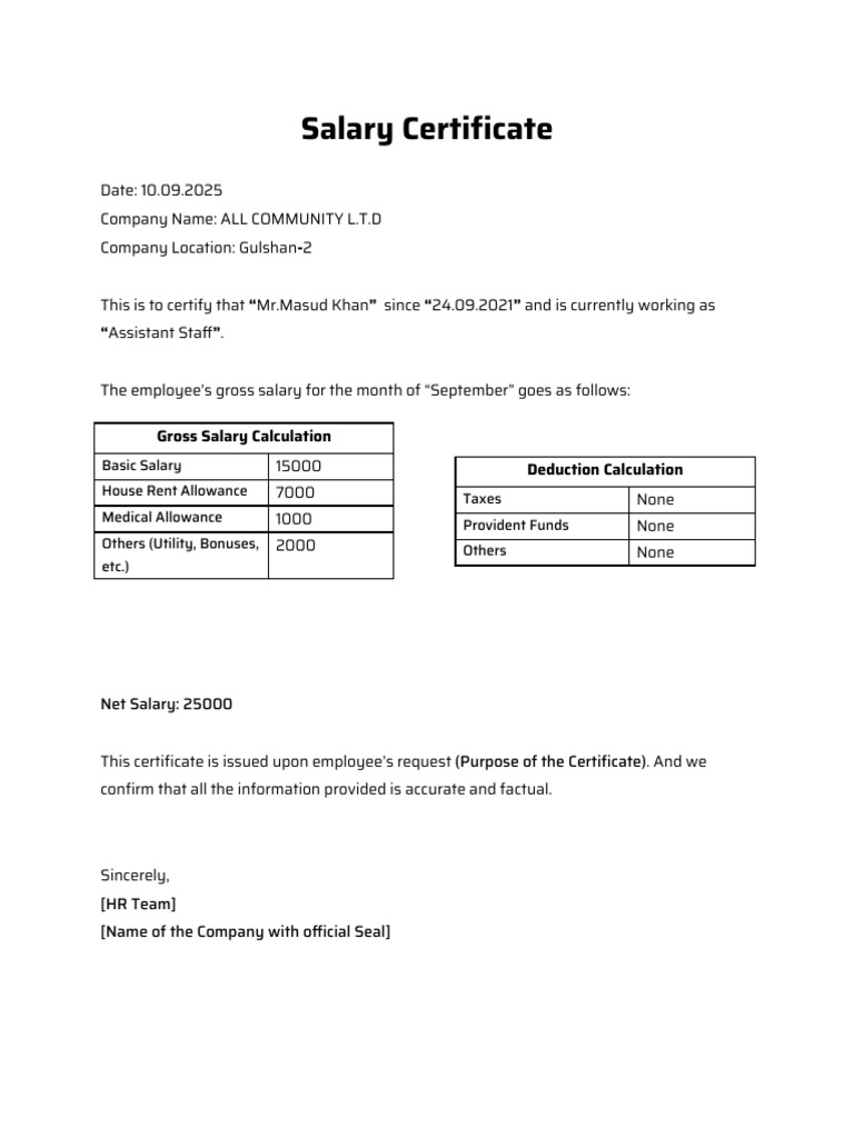 Salary Certificate Format in Word (Example 1) | PDF