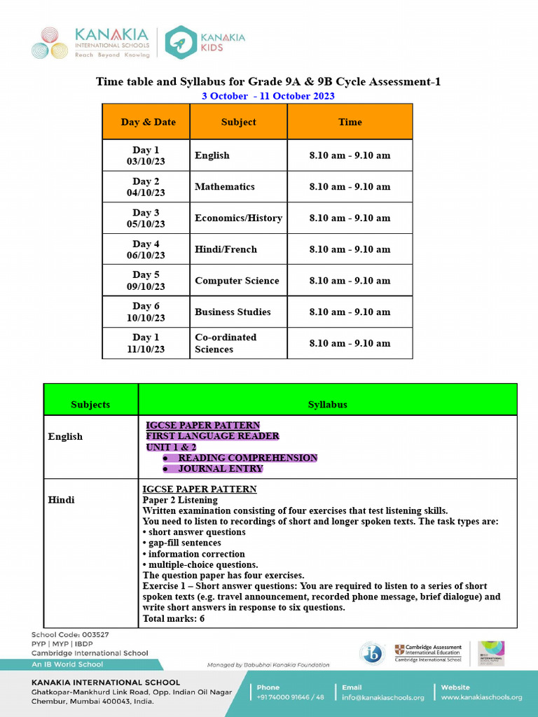Grade 9A & 9B Cycle Assessment Timetable | PDF | Osmosis | Force