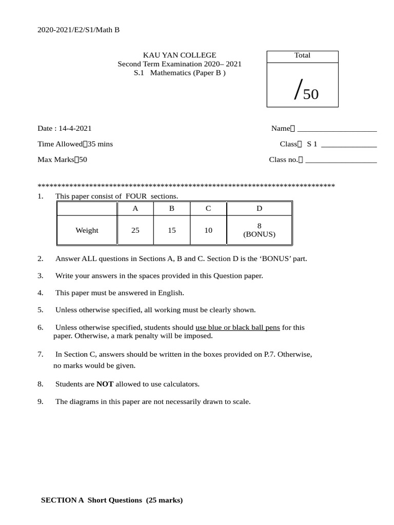 2020-2021 E2 S.1 Maths Final Exam Paper B | PDF | Elementary Geometry ...