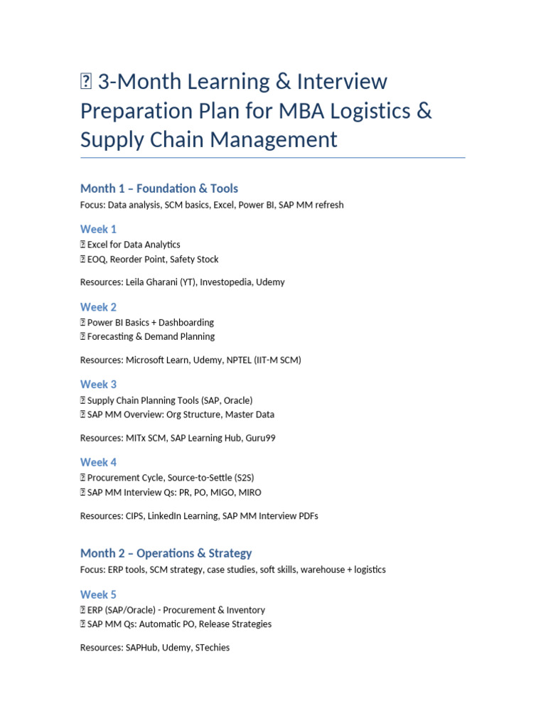 SCM MBA 3 Month Study Plan | PDF | Supply Chain Management | Business
