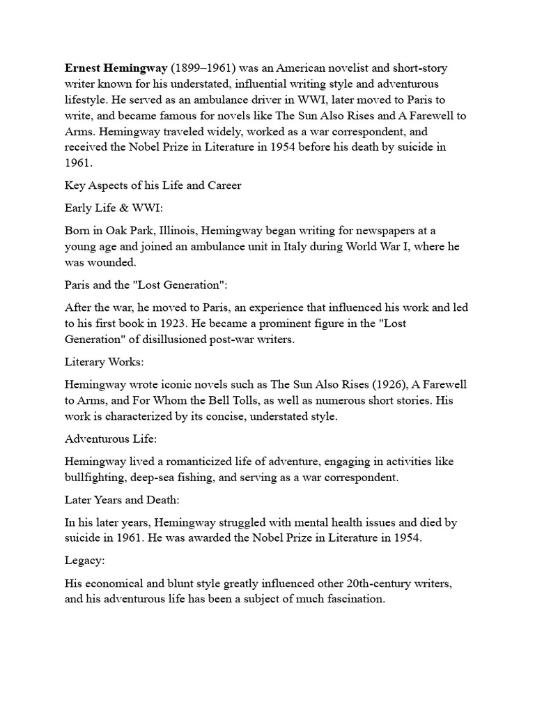 Ernest Hemingway Biography | PDF