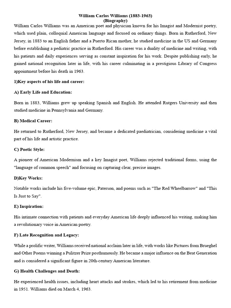 William Carlos Williams Biography | PDF | Poetry | Writing