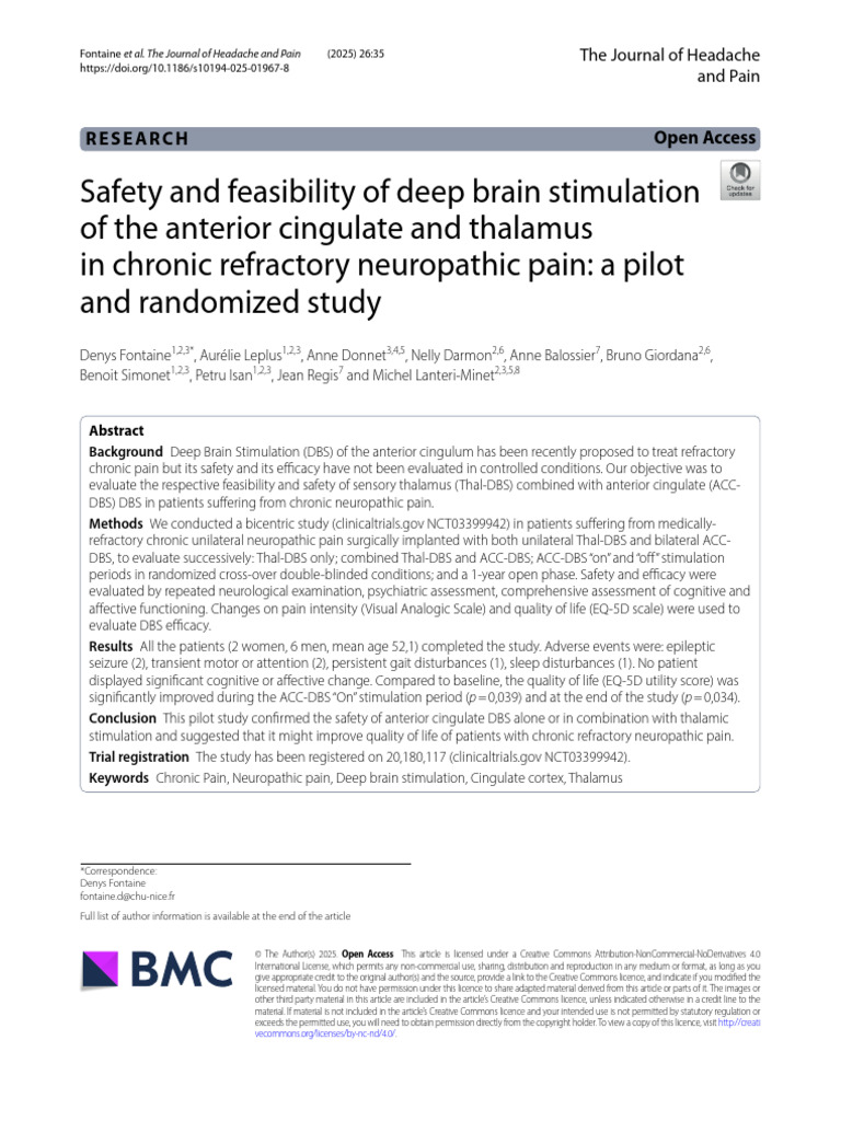 Safety and Feasibility of Deep Brain Stimulation of The Anterior Cingulate and Thalamus in ...